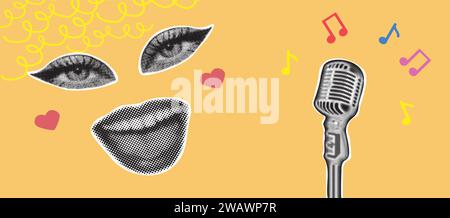 Trendy halftone collage banner. Elements cut out from a magazine, hand ...