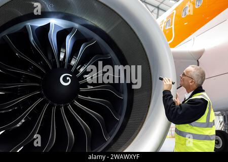 Olaf Gross, Licence Engineer at easyJet, checks the landing gear of an ...