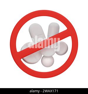 Different pills and tabs. 3D vector medicines with a restriction sign ...