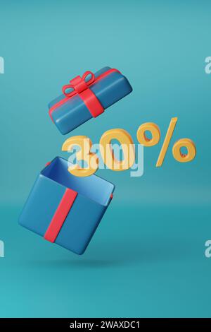 30 % solid text coming out of a gift box isolated on white background ...