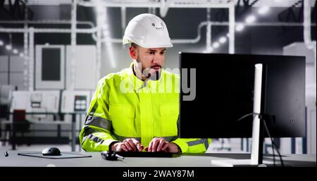 Engineer Using PC In Automated Semiconductor Assembly Line Stock Photo ...