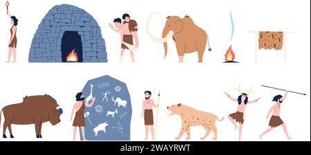 Ancient prehistoric people, animals and tools set vector illustration ...