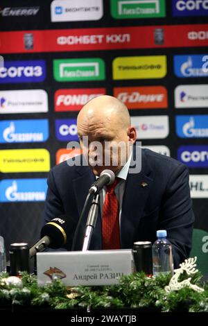 Andrei Razin, head coach of Metallurg Hockey Club seen during a press ...