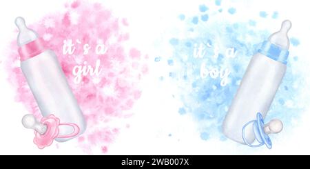 Baby pacifier dummy banner, boy girl. Pink blue violet green. Hand ...