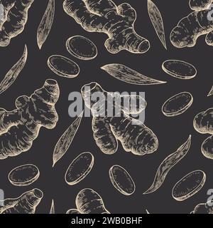 Set of ginger roots in engraving style. Black and white ink ...