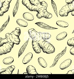 Set of ginger roots in engraving style. Black and white ink ...