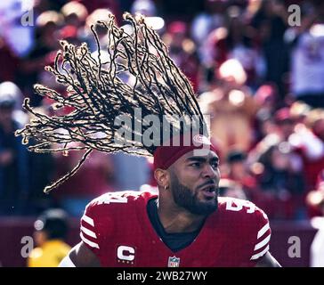San Francisco 49ers linebacker Fred Warner, left, shakes hands with ...