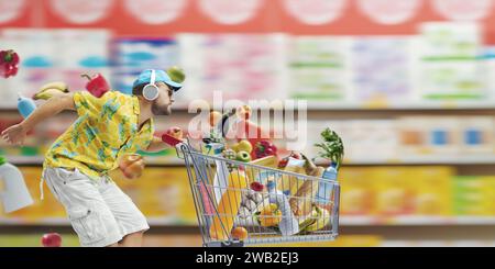 Cool guy running and pushing a supermarket trolley, grocery shopping ...