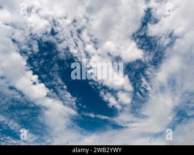 Wide angle photo of sunny and windy weather sky with blue tones. Summer ...