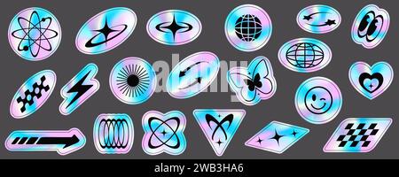 Holographic retro futuristic stickers realistic vector icons set ...