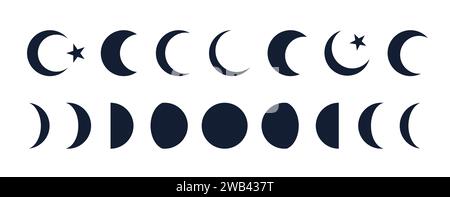 Round shapes of Luna celestial object in circle. Moon phases. Calendar ...