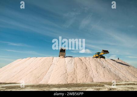 Trucks unloading raw salt bulk, Salinas Grandes de Hidalgo, La Pampa ...