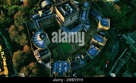 Aerial view of a historic Lancaster castle at sunset with surrounding ...