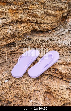 Stylish lilac flip-flops on rock Stock Photo - Alamy