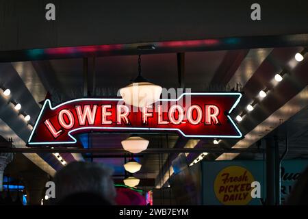 Neon signs around Pike Place Market in Downtown Seattle Stock Photo - Alamy