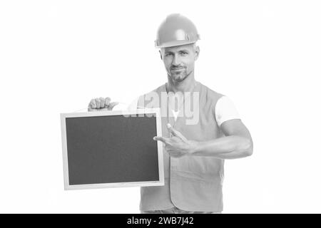supervisor pointing on advertisement in white studio. supervisor show ...