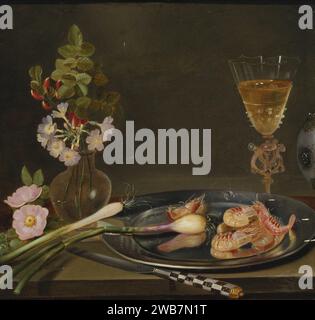 Still life with shrimp, ramps, flowers and a glass vase Stock Photo - Alamy