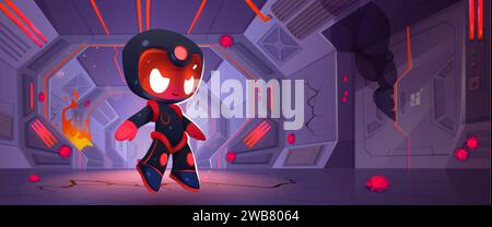 Evil robot in space ship with fire and flame. Vector cartoon ...