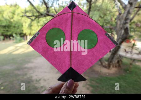 Small Pink kite in hands. Kite flying during kite festival. Happy makar ...