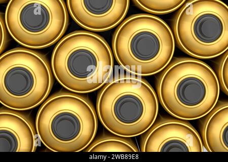 Set of gold spray paint cans in row on white background. 3d render ...