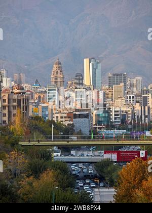 Iran, Tehran, city skyline from the Pole e Tabiat Nature Bridge ...