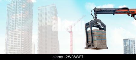 Dropside flatbed HIAB crane lorry with brick grab attachment deliver ...