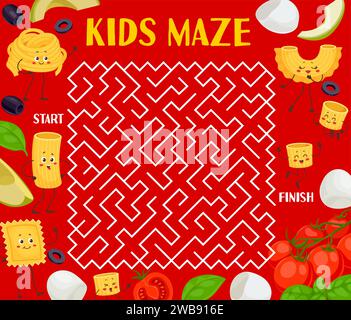 Labyrinth maze, cartoon italian pasta characters pathfinding game quiz ...