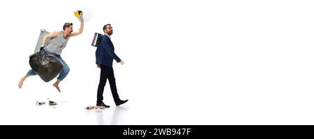 Businessman walking and carrying a plastic waste bag isolated on white ...