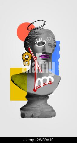 Antique statue bust with doodles over white background. Contemporary ...