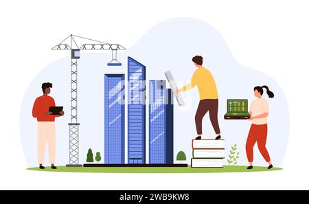 Cartoon team of people with blueprint model of houses and tools in ...
