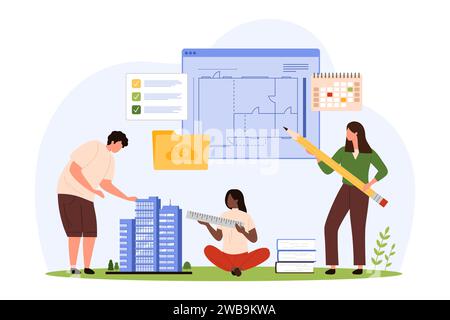 Cartoon team of people with blueprint model of houses and tools in ...