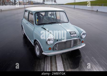 Mk1 Mini classic car set up for drag racing, on the strip at Santa Pod ...