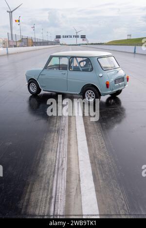 Mk1 Mini classic car set up for drag racing, on the strip at Santa Pod ...