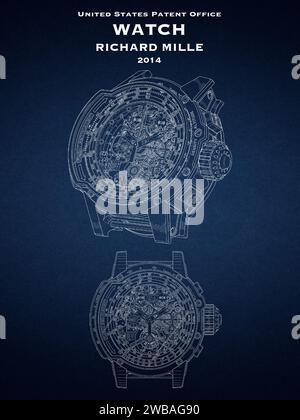 US patent office design for a luxury watch by Richard Mille on a black ...