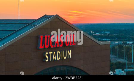 Aerial Close Up of Lucas Oil Stadium Sign Against Indianapolis Skyline ...
