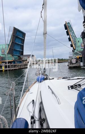 Yacht passing under lifting bridge in Poole Harbour Dorset England ...