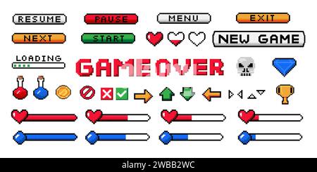Pixel game menu buttons. Game 8 bit ui controller arrows, level and live bars, menu, stop, play ...