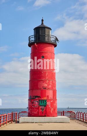 Red Lighthouse with Graffiti on Milwaukee Pier - Eye-Level View Stock ...