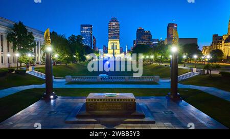 Aerial Blue Hour at Indianapolis Memorial Park with City Backdrop Stock ...