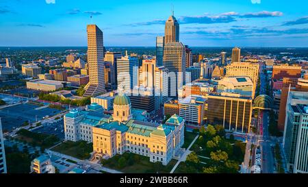 Aerial Golden Hour Over Indianapolis Stadium and Cityscape Stock Photo ...