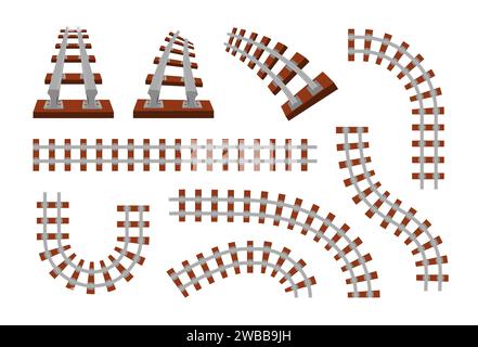 Train rails top view, railway track straight, curve and round path ...