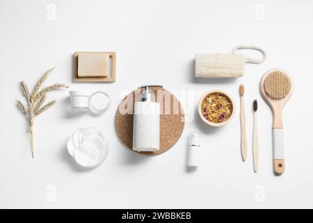 Composition with bath supplies and spikelets on blue background Stock ...