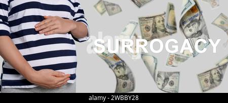 Surrogate mother under money shower on beige background, closeup ...