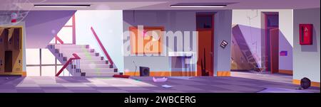 Abandoned school hall with broken lockers. Vector cartoon illustration ...