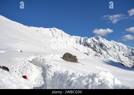 Snow-covered Kedarnath temple, Kedarnath Dham in India. Kedarnath is a ...