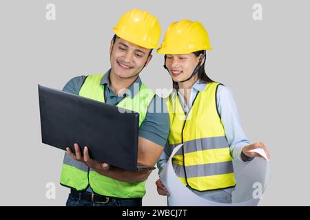 Asian Couple Engineer & Architect gives gestures and expressions on ...