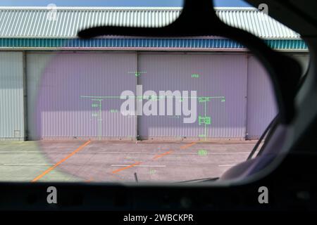 A Head-Up Display (HUD) in the cockpit of the third A350-900 (JA03XJ ...