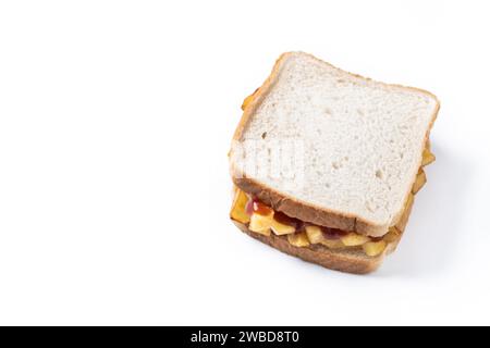 Traditional British chip butty (french fry sandwich) isolated on white ...
