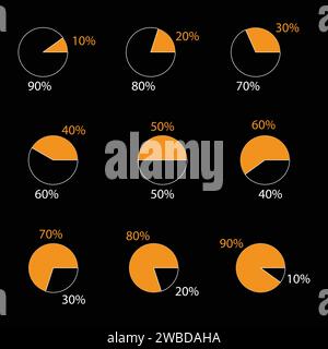Set of pie charts percentage 10 to 90. Circle round chart, pie graph ...