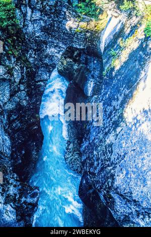 view from above to deep rocky Colca river canyon in Peru by sunny ...